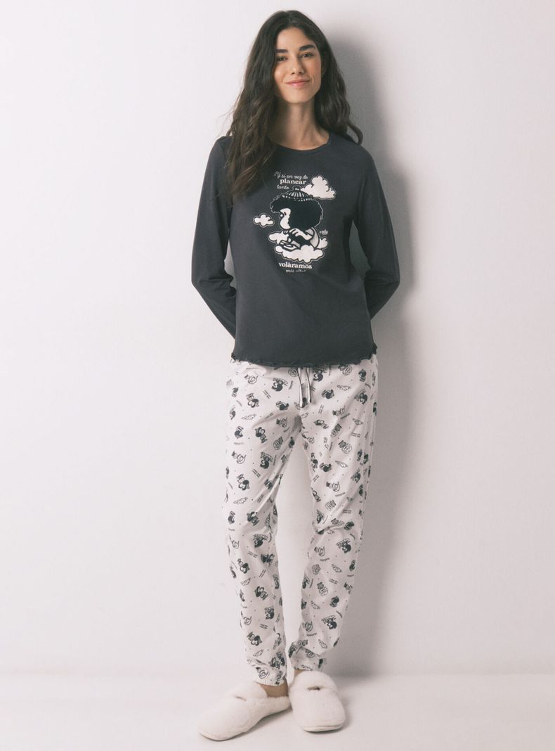 Pijama Largo Algodón Gris Estampado Mafalda Women'Secret | Paris.cl